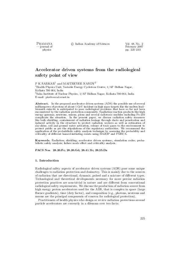 (PDF) Accelerator driven systems from the radiological safety point of view