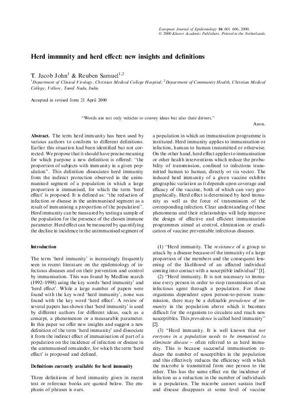 (PDF) Herd immunity and herd effect : new insights and definitions