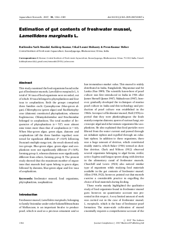 (PDF) Estimation of gut contents of freshwater mussel, Lamellidens ...