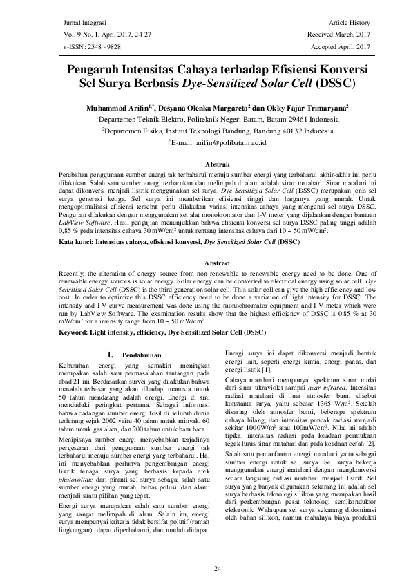 (PDF) Pengaruh Intensitas Cahaya terhadap Efisiensi Konversi Sel Surya Berbasis Dye-Sensitized ...