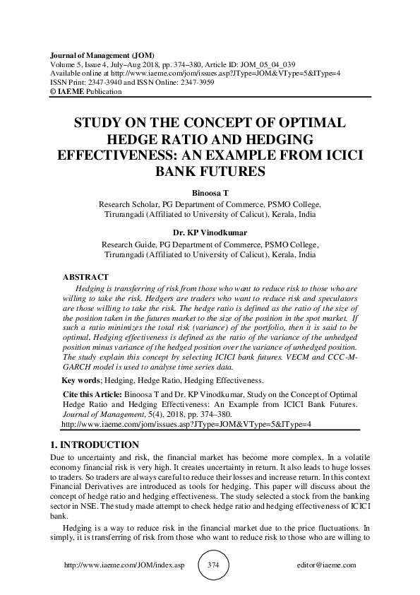 (PDF) STUDY ON THE CONCEPT OF OPTIMAL HEDGE RATIO AND HEDGING ...