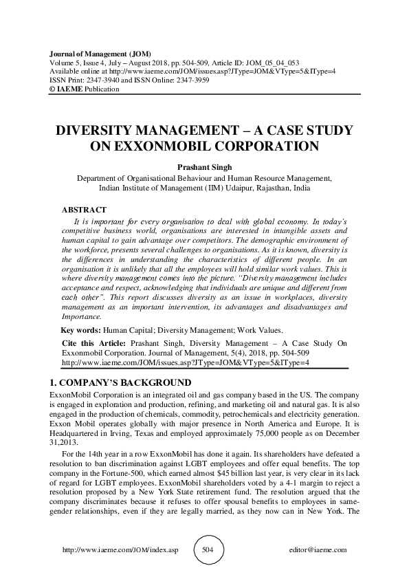 (PDF) DIVERSITY MANAGEMENT – A CASE STUDY ON EXXONMOBIL CORPORATION
