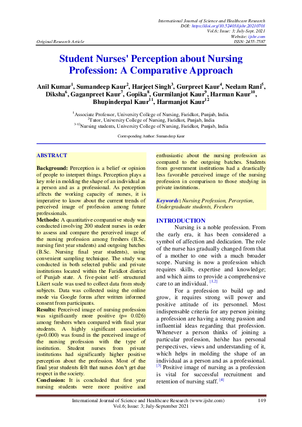 (PDF) Student Nurses' Perception about Nursing Profession: A Comparative Approach