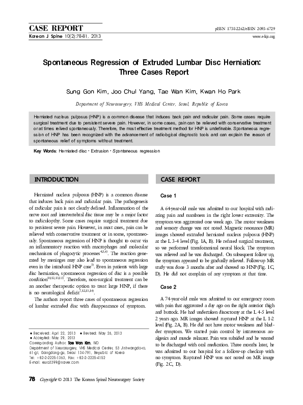 (PDF) Spontaneous regression of extruded lumbar disc herniation: three ...