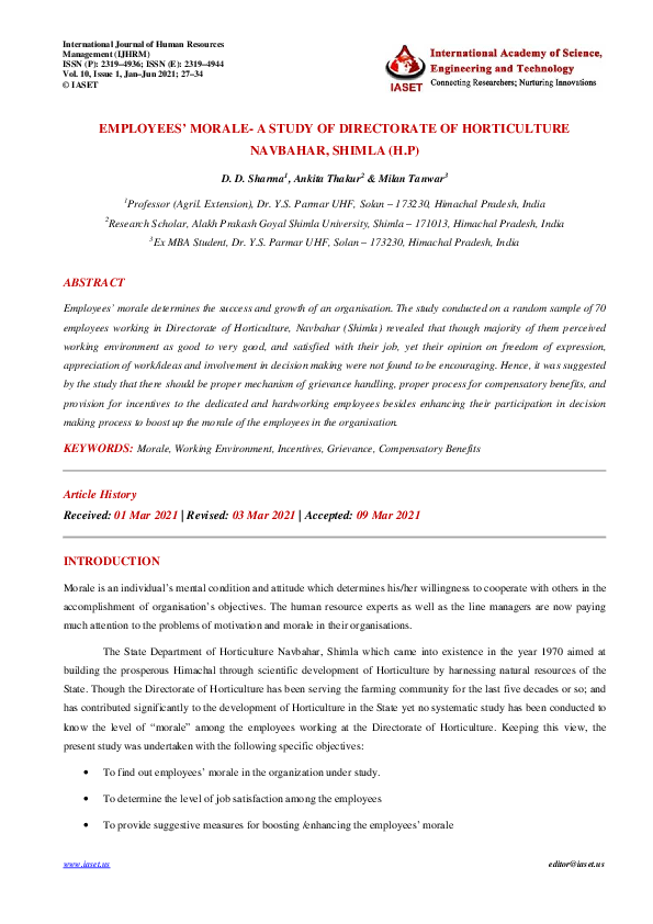 (PDF) EMPLOYEES' MORALE-A STUDY OF DIRECTORATE OF HORTICULTURE NAVBAHAR ...