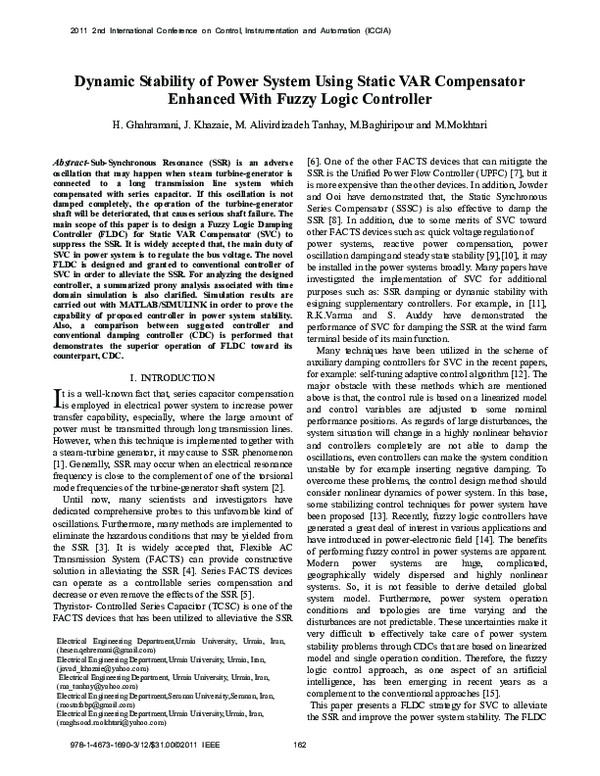 (PDF) Dynamic stability of power system using Static VAR Compensator enhanced with Fuzzy Logic ...