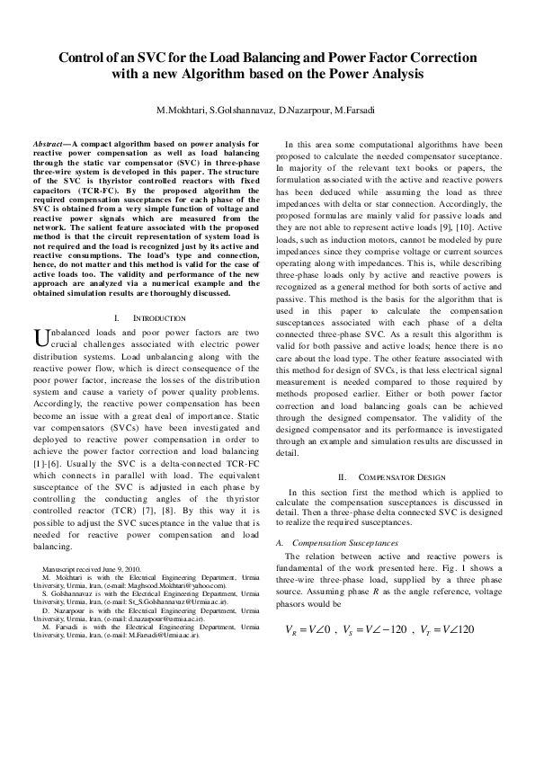 (PDF) Control of an SVC for the Load Balancing and Power Factor Correction with a new Algorithm ...
