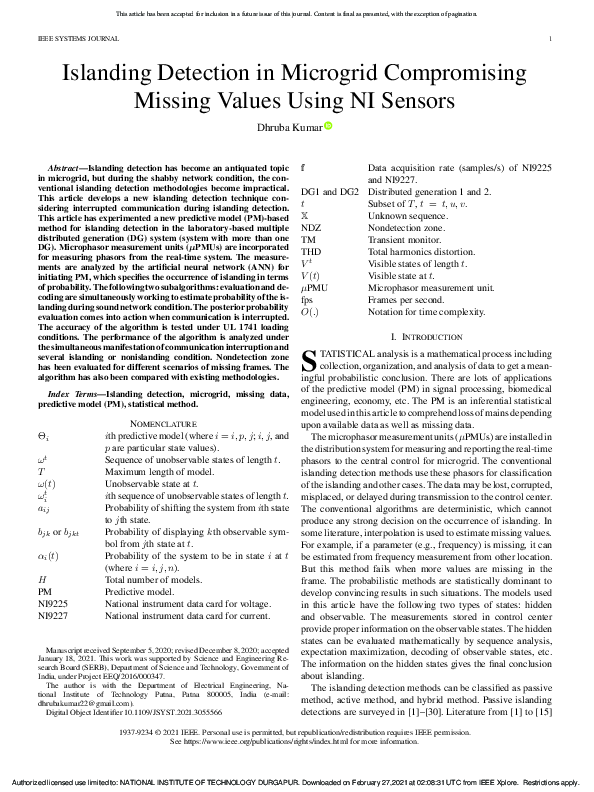 Pdf Islanding Detection In Microgrid Compromising Missing Values Using Ni Sensors Dhruba