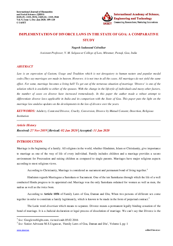 (PDF) IMPLEMENTATION OF DIVORCE LAWS IN THE STATE OF GOA: A COMPARATIVE ...