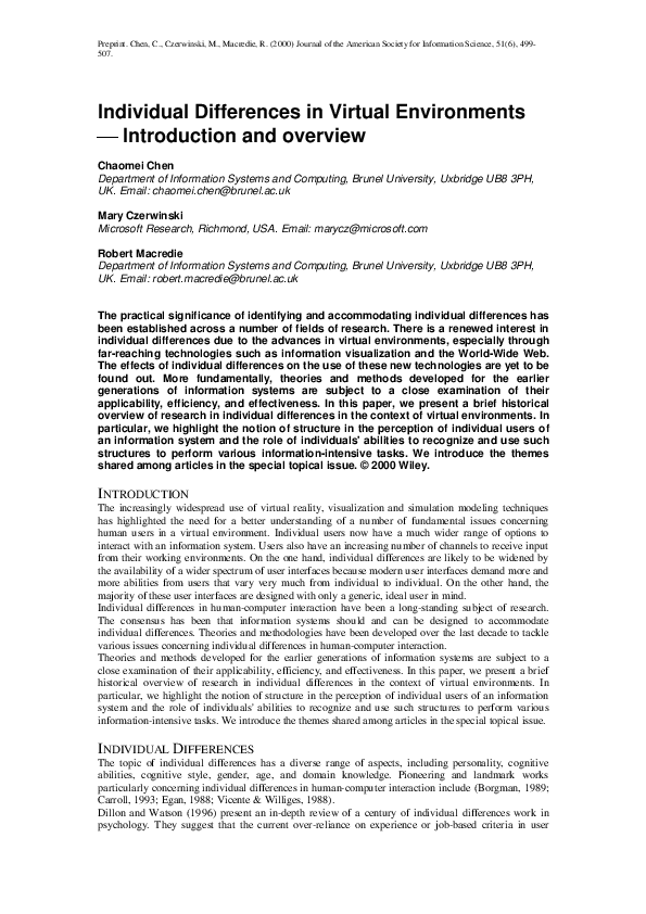 (PDF) Impact of Individual Differences in Virtual Environments