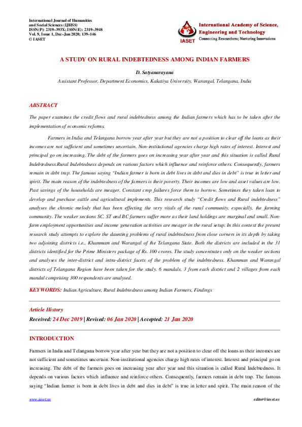(PDF) A STUDY ON RURAL INDEBTEDNESS AMONG INDIAN FARMERS