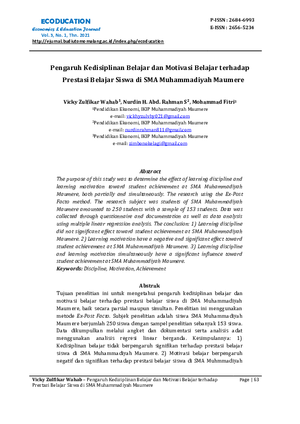 (PDF) Pengaruh Kedisiplinan Belajar dan Motivasi Belajar terhadap Prestasi Belajar Siswa di SMA ...