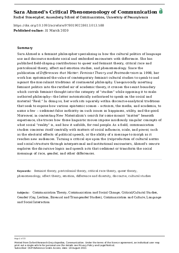 (PDF) Sara Ahmed's Critical Phenomenology of Communication