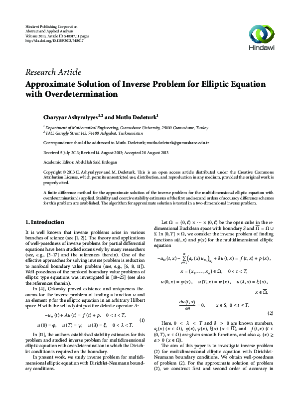 (PDF) Approximate Solution of Inverse Problem for Elliptic Equation with Overdetermination