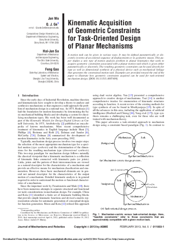 (PDF) Kinematic Acquisition of Geometric Constraints for Task-Oriented Design of Planar Mechanisms