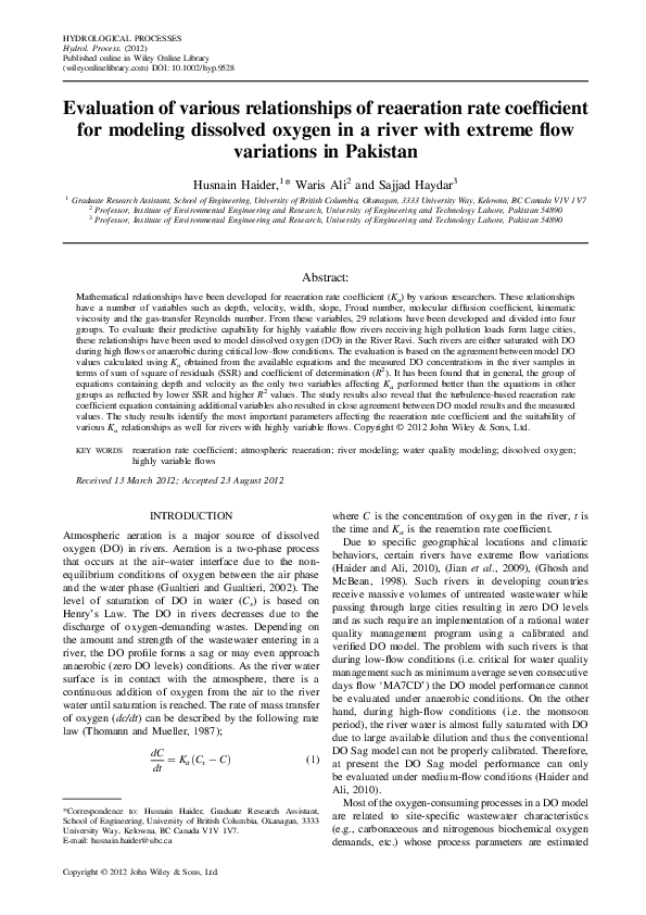 (PDF) Evaluation of various relationships of reaeration rate ...