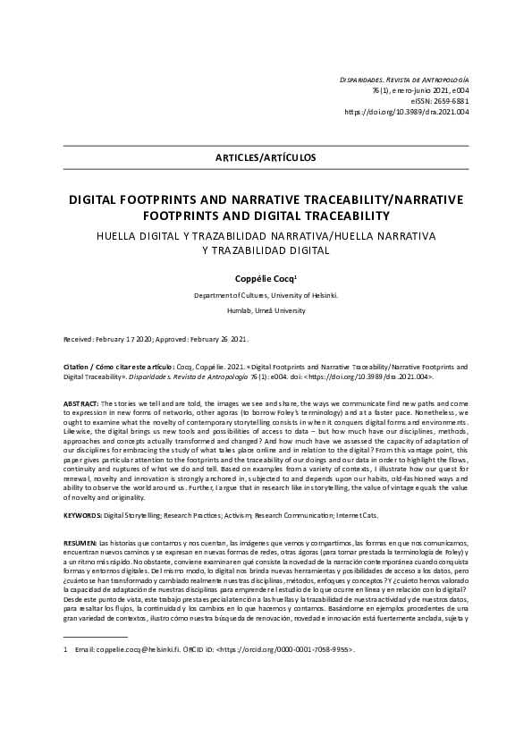 (PDF) Digital footprints and narrative traceability/Narrative ...
