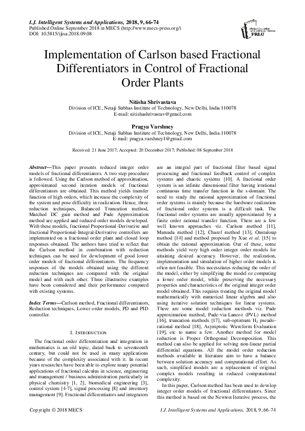 Pdf Implementation Of Carlson Based Fractional Differentiators In Control Of Fractional Order