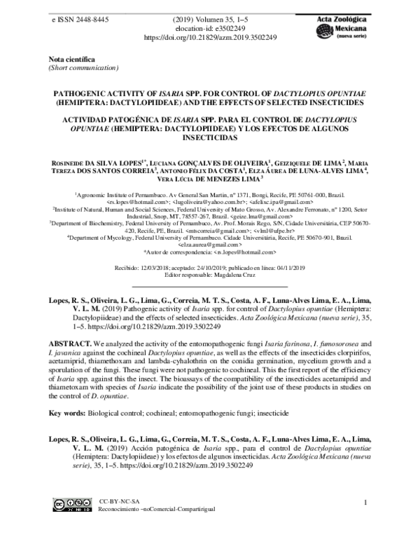 (PDF) Pathogenic activity of Isaria spp. for control of Dactylopius ...