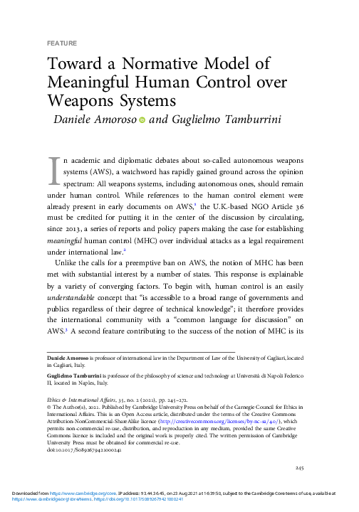 (PDF) Toward a Normative Model of Meaningful Human Control over Weapons Systems