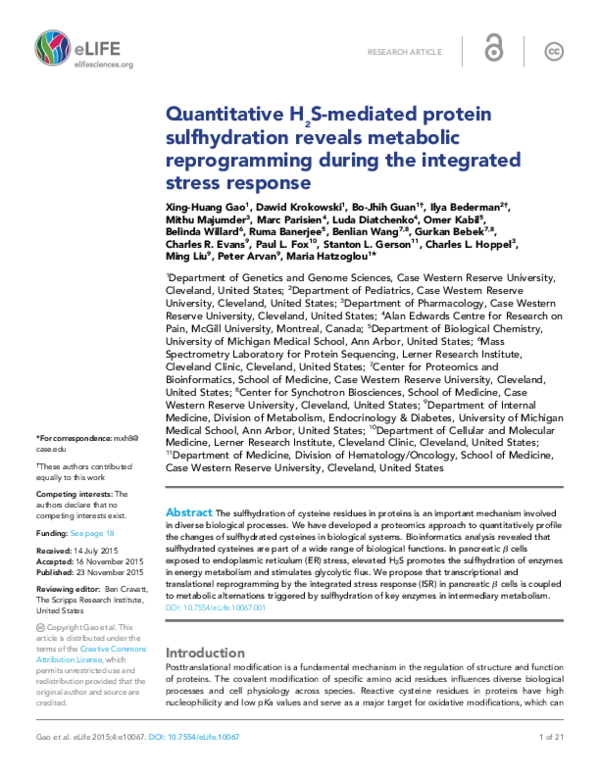 (PDF) Quantitative H2S-mediated protein sulfhydration reveals metabolic ...