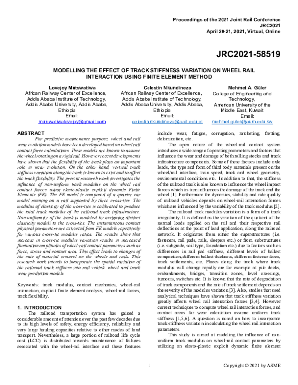 (PDF) MODELLING THE EFFECT OF TRACK STIFFNESS VARIATION ON WHEEL RAIL INTERACTION USING FINITE ...