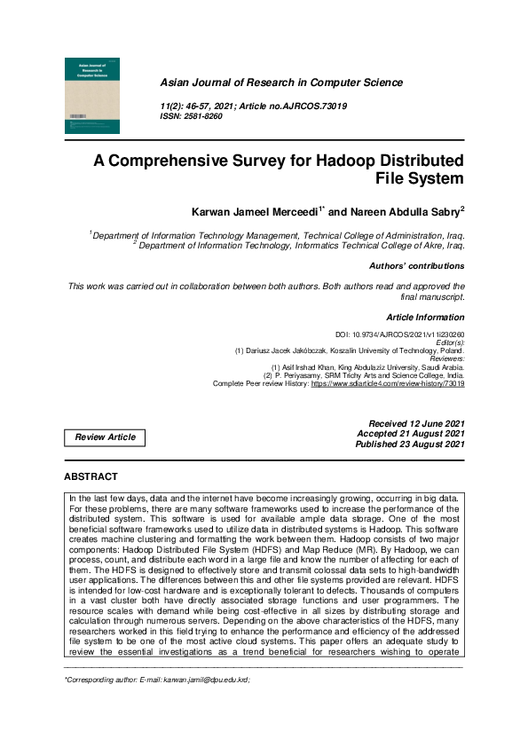 Pdf A Comprehensive Survey For Hadoop Distributed File System