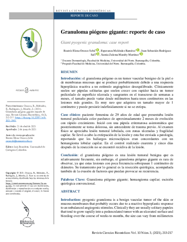 Pdf Giant Pyogenic Granuloma Case Report In Spanish