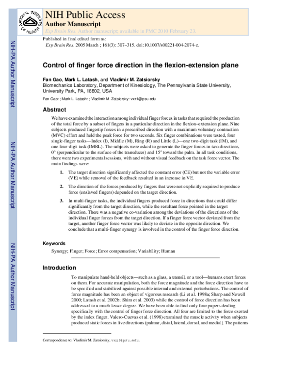 (PDF) Control of finger force direction in the flexion-extension plane