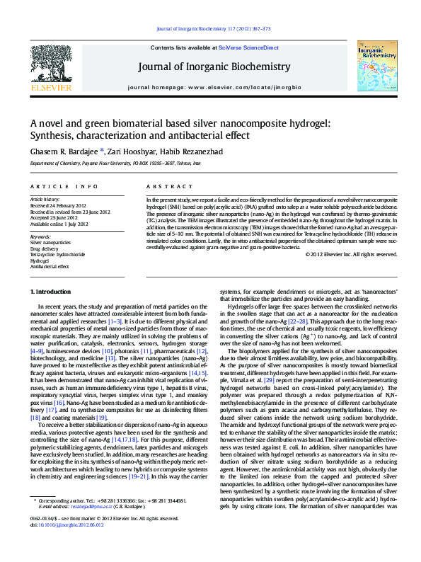 (PDF) A novel and green biomaterial based silver nanocomposite hydrogel: Synthesis ...