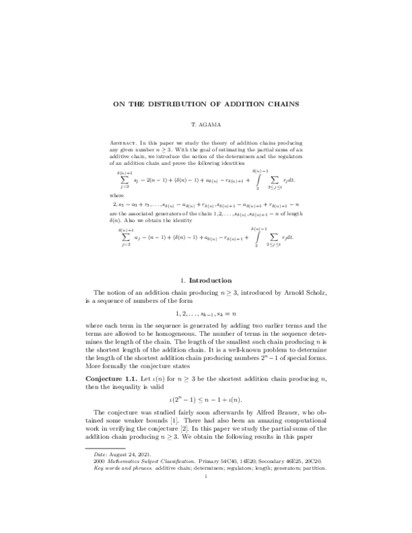 (PDF) ON THE DISTRIBUTION OF ADDITION CHAINS