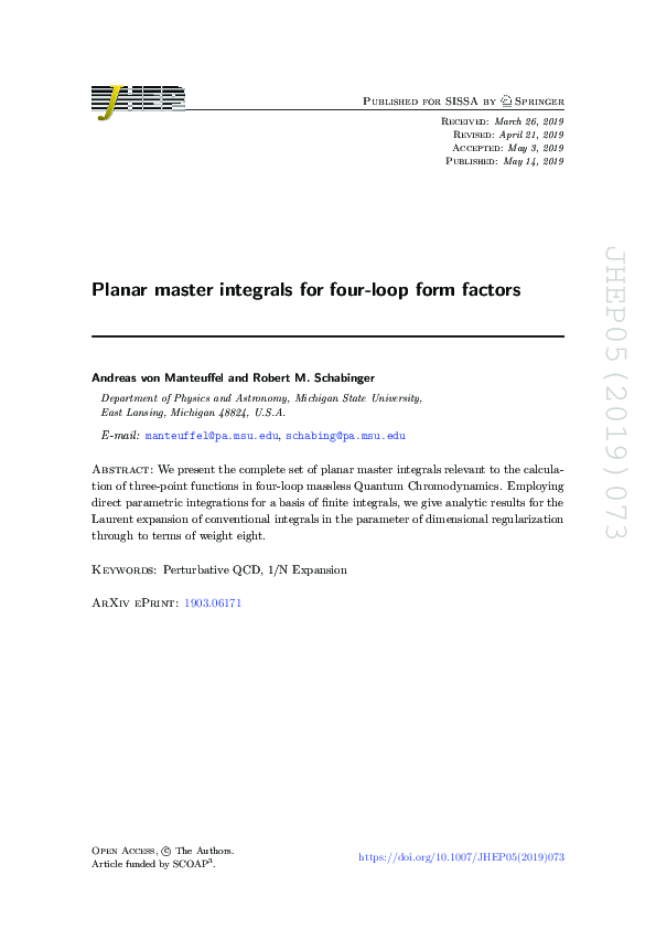(PDF) Planar master integrals for four-loop form factors | Robert Schabinger - Academia.edu