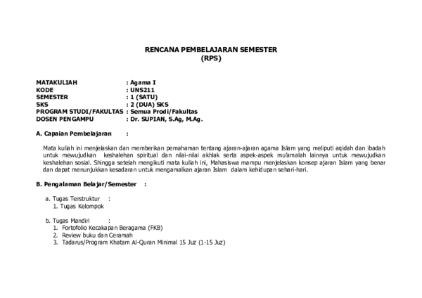 (DOC) RENCANA PEMBELAJARAN SEMESTER (RPS) MATAKULIAH : Agama I KODE ...