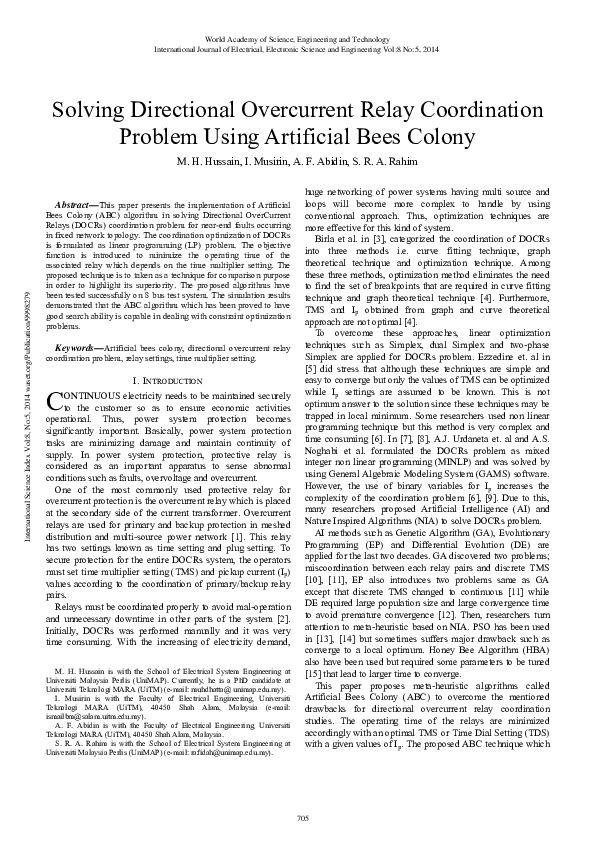 (PDF) Solving Directional Overcurrent Relay Coordination Problem Using Artificial Bees Colony
