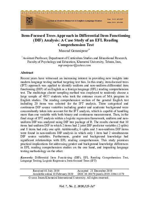 Pdf Item Focused Trees Approach In Differential Item Functioning Dif