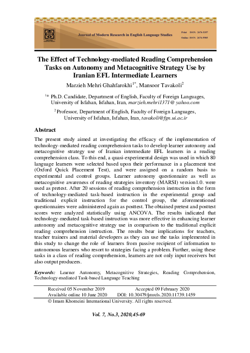 (PDF) The Effect of Technology-mediated Reading Comprehension Tasks on Autonomy and ...