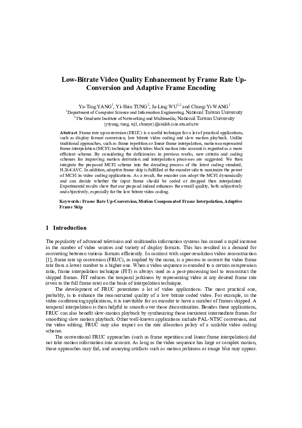 (PDF) Low-Bitrate Video Quality Enhancement by Frame Rate Up-Conversion and Adaptive Frame Encoding