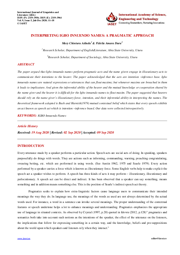 (PDF) INTERPRETING IGBO INNUENDO NAMES: A PRAGMATIC APPROACH