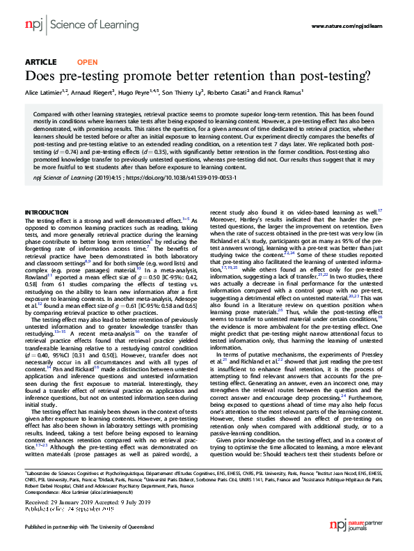 (PDF) Does pre-testing promote better retention than post-testing?