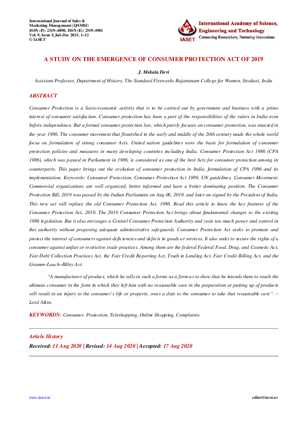 (PDF) A STUDY ON THE EMERGENCE OF CONSUMER PROTECTION ACT OF 2019