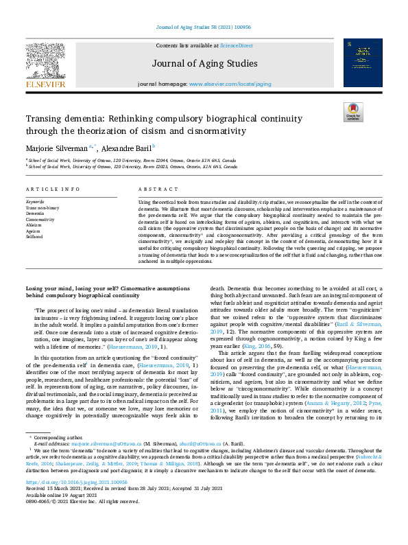 (PDF) Transing dementia: Rethinking compulsory biographical continuity ...