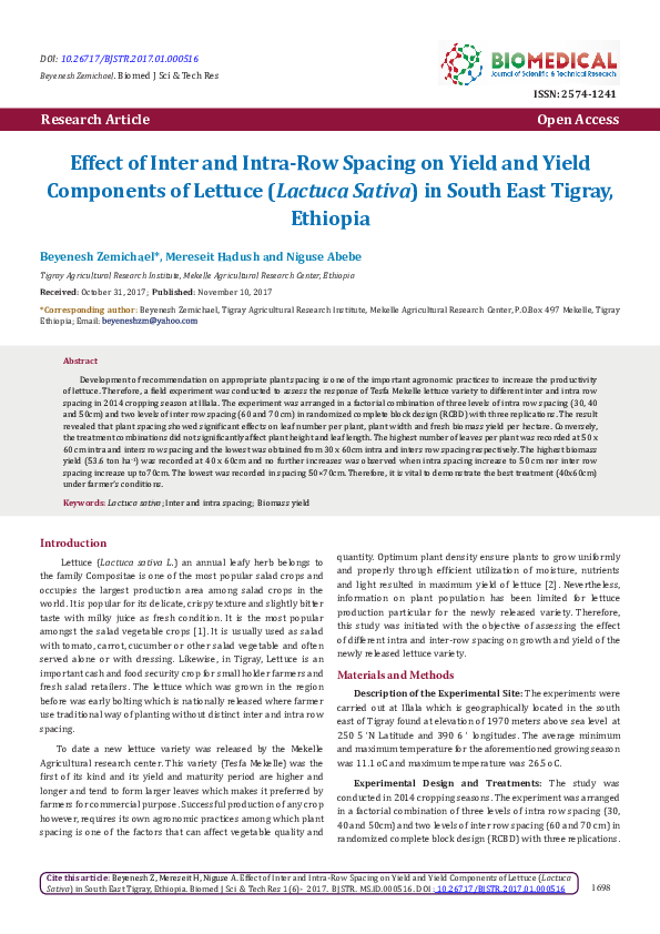Pdf Effect Of Inter And Intra Row Spacing On Yield And Yield