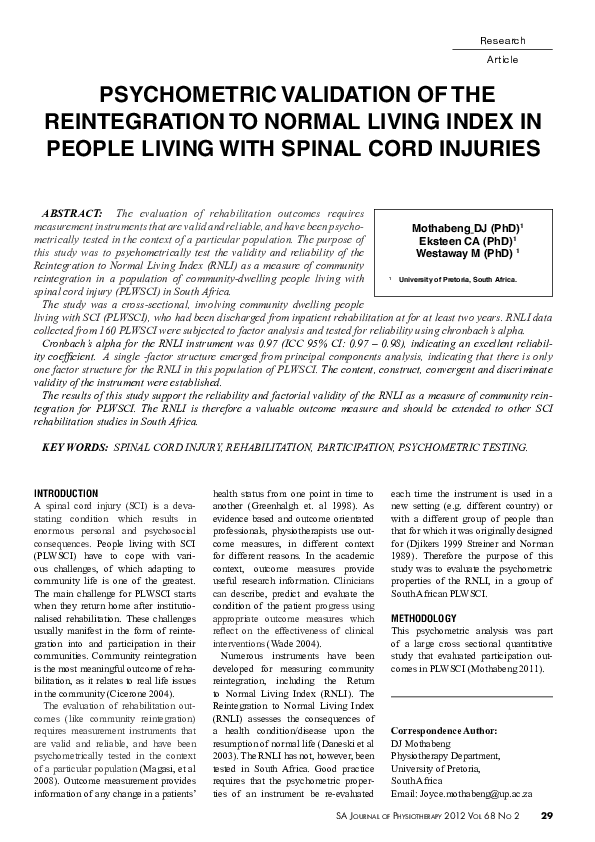 (PDF) Psychometric validation of the reintegration to normal living ...