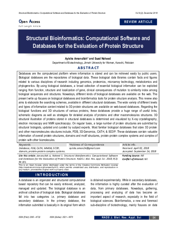 (PDF) Structural Bioinformatics: Computational Software and Databases for the Evaluation of ...