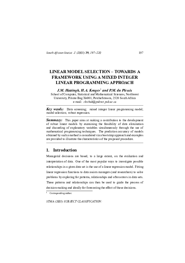 (PDF) Linear Model Selection - Towards a Framework Using a Mixed ... (PDF) Linear Model Selection - Towards a Framework Using a Mixed ...