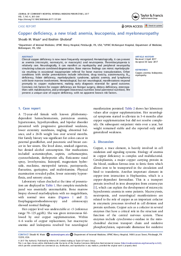 (PDF) Copper deficiency, a new triad: anemia, leucopenia, and ...