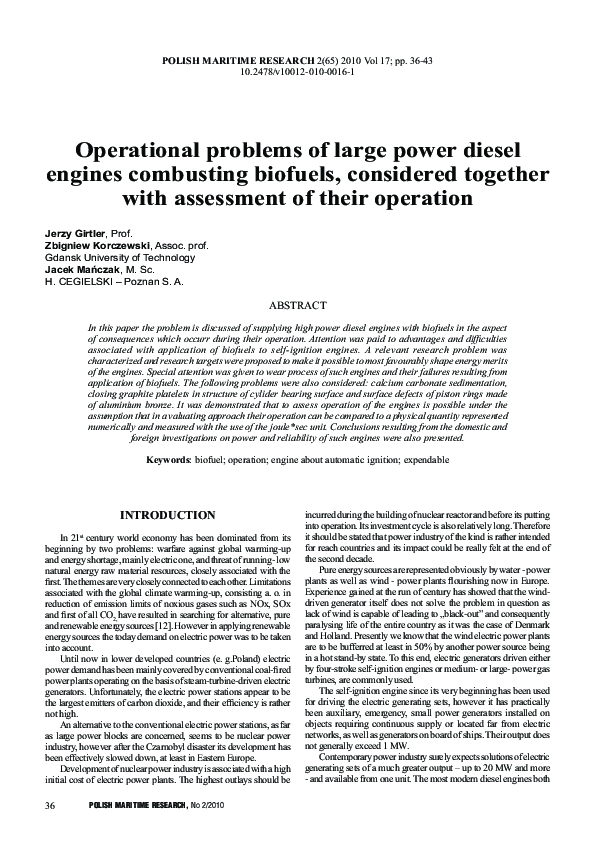 (PDF) Operational problems of large power diesel engines combusting ...