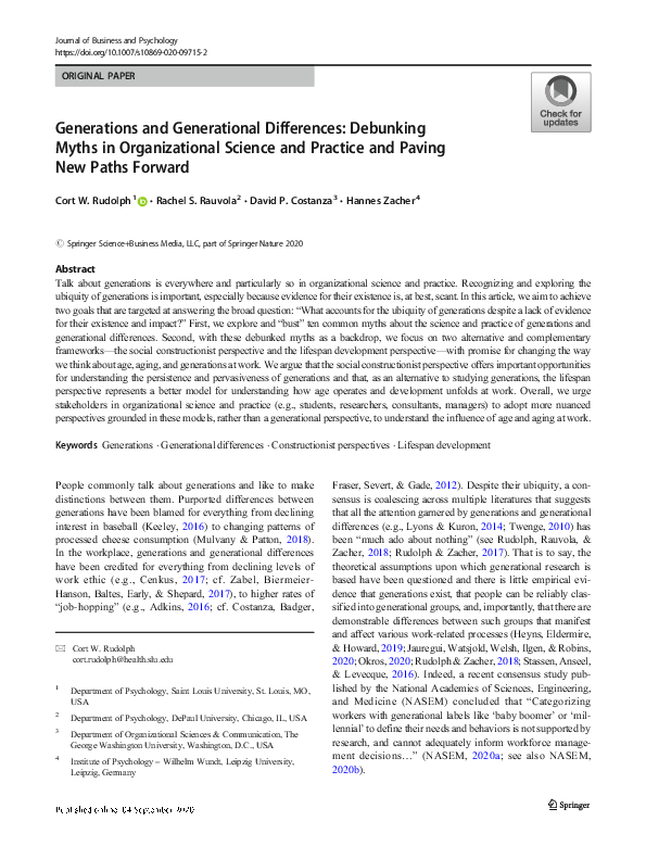 (PDF) Generations and Generational Differences: Debunking Myths in ...