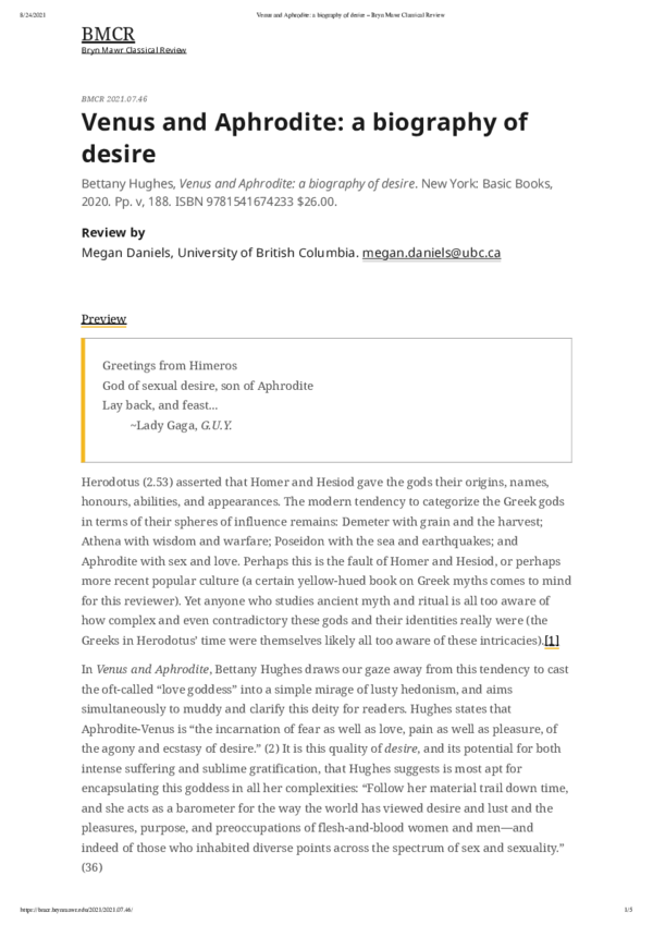 (PDF) Review Bettany Hughes, of Venus and Aphrodite: a biography of desire