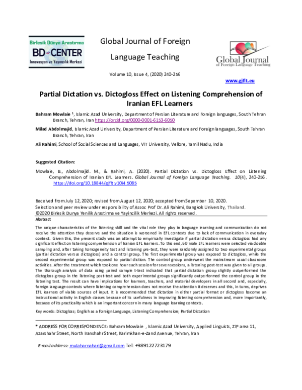 (PDF) Partial Dictation vs. Dictogloss Effect on Listening ...